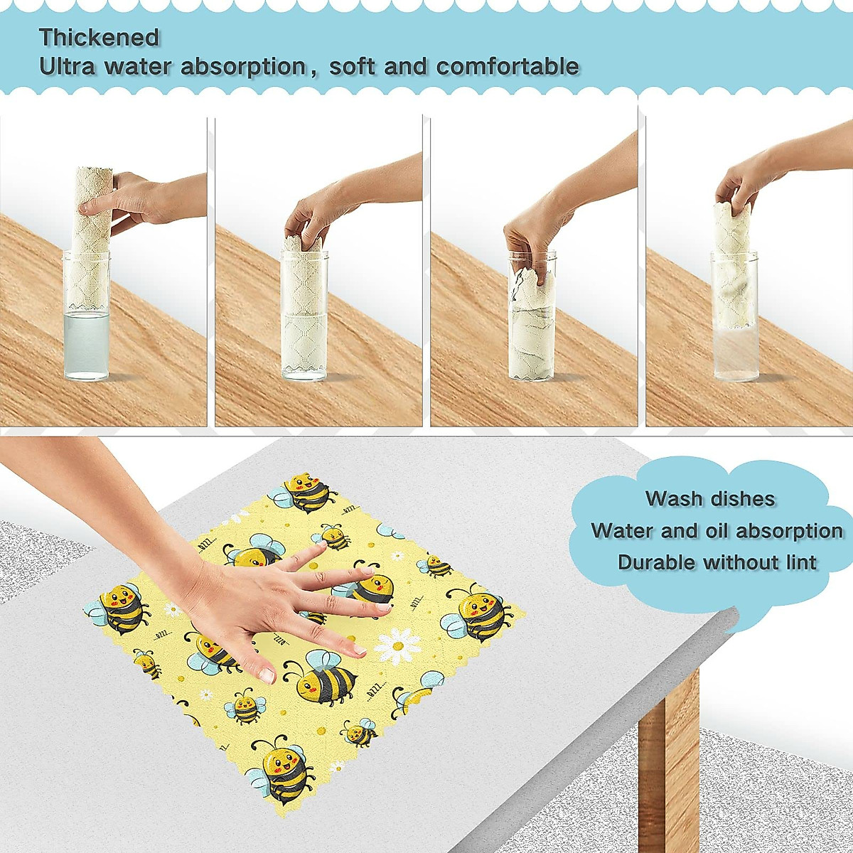 JIPONI 6 Pack Kitchen Dishcloth, Cute Honey Bee Cartoon Absorbent Dish Towels Reusable Soft Cleaning Cloths 11 x 11 inch