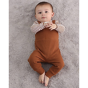YUEMION Baby Boy Clothes 3 6 Months Newborn Infant Boy Outfits 2Pcs Stripe Top Romper Pants Set Overalls Toddler Boy Clothes(Brown, 3-6 Months)