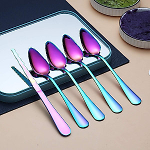 Rainbow Grapefruit Spoons 5 Pieces Set, 4 Stainless Steel Grapefruit Spoon And 1 Grapefruit knife With Titanium Plating, Grapefruit Utensil Set, Serrated Edges Spoon pack of 5 (Rainbow)