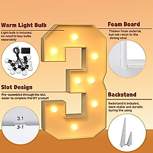 imprsv 3FT Marquee Light Up Numbers, Marquee Numbers for 30th Birthday Decorations Anniversary Party Decor, Mosaic Numbers for Balloons Number 3, Marquee light up letters, Pre-Cut Foam Board Kit