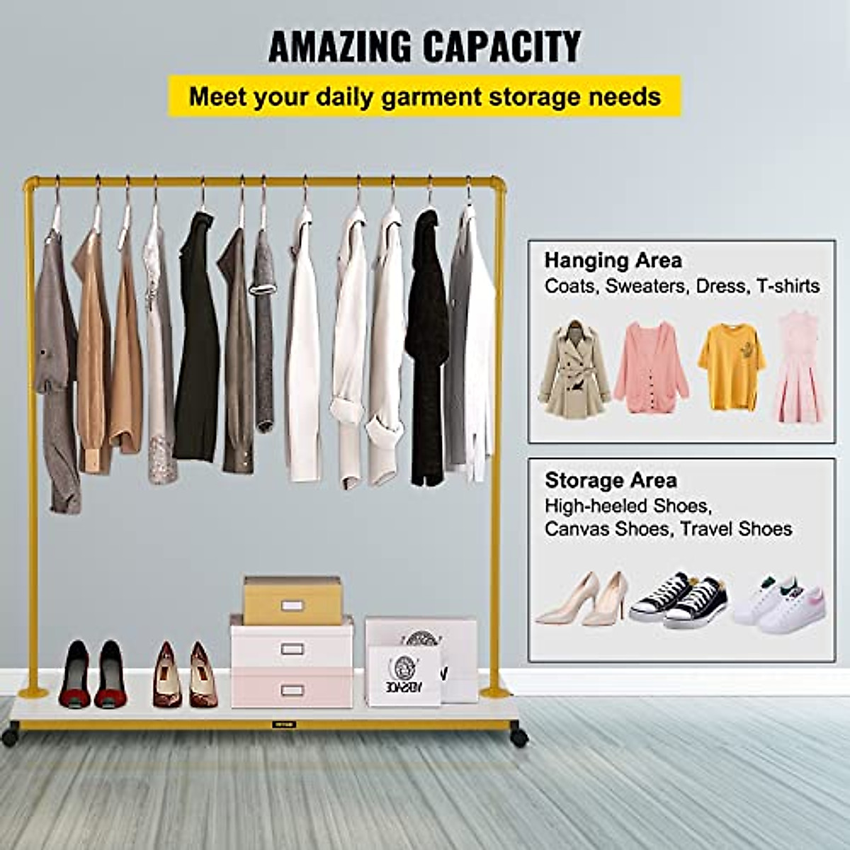 VEVOR Clothing Garment Rack, 59.1" x 14.2"x 63.0", Heavy-duty Clothes Rack w/Bottom Shelf, 4 Swivel Casters, Sturdy Steel Frame, Rolling Clothes Organizer for Laundry Room Retail Store Boutique, Gold