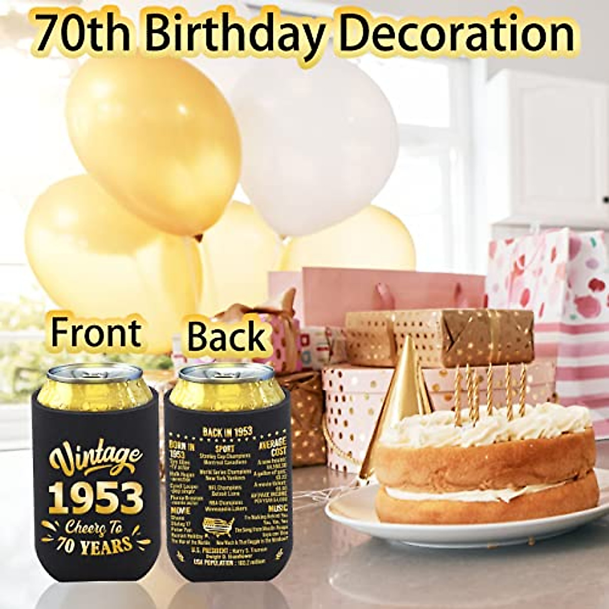 BdayPtion 70th Birthday Decorations for Men Women, 70th Party Decorations, 70 Year Old Bday Party Supplies, Seventy Birthday Present, Black and Gold Pack of 12 Can Cooler Sleeves