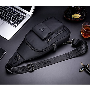 BULLCAPTAIN Genuine Leather Sling Bag for Men Multi-pocket Casual Travel Crossbody Chest Bag Hiking Backpacks (Black)