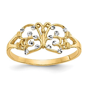 Size - 7.25 - Solid 14k Yellow & White Two Tone Gold Diamond Cut Butterfly Fashion Ring (1 to 9 mm)