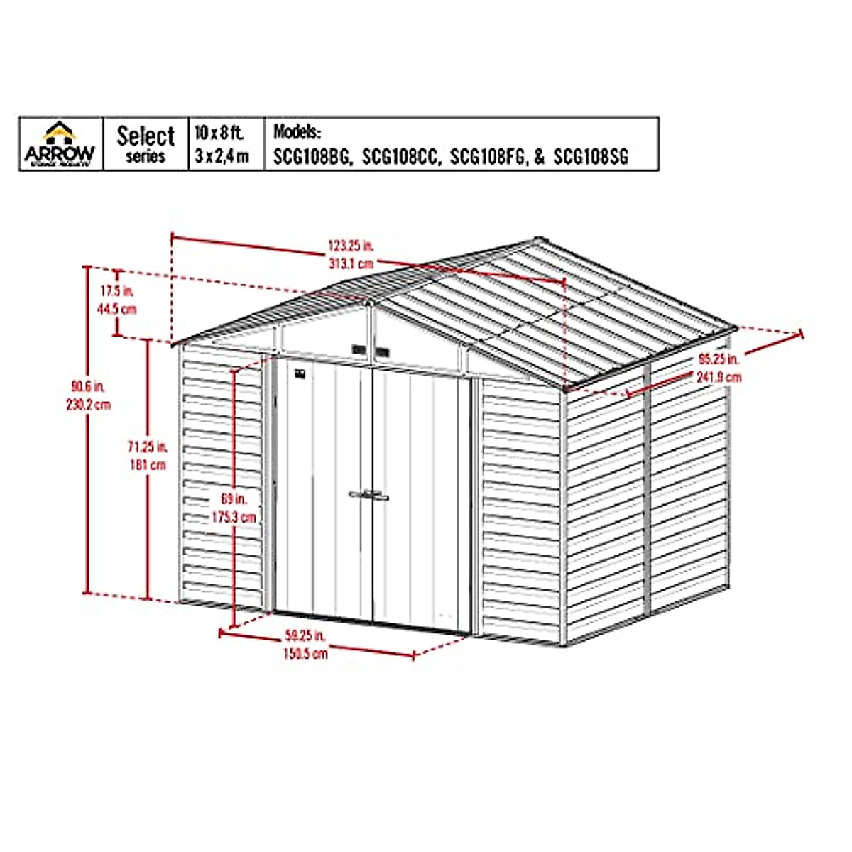 Arrow Select 10' x 8' Outdoor Lockable Steel Storage Shed Building, Sage Green