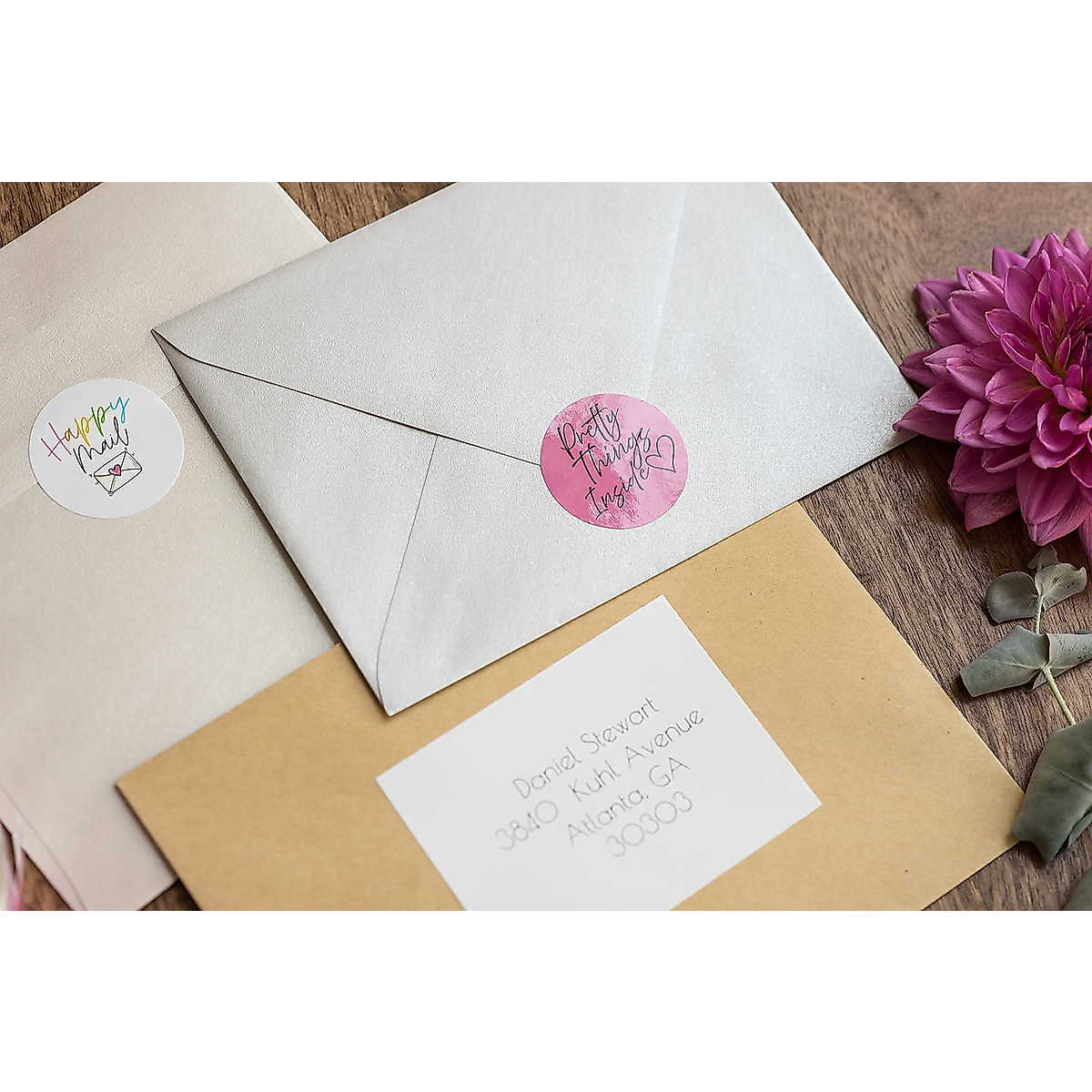 Assorted Cute Packaging Stickers - Roll of 500 - Four Fun Designs - 1.5" Round Glossy Sealers for Small Business - Happy Mail - Thank You for Your Business/Pretty Things Inside