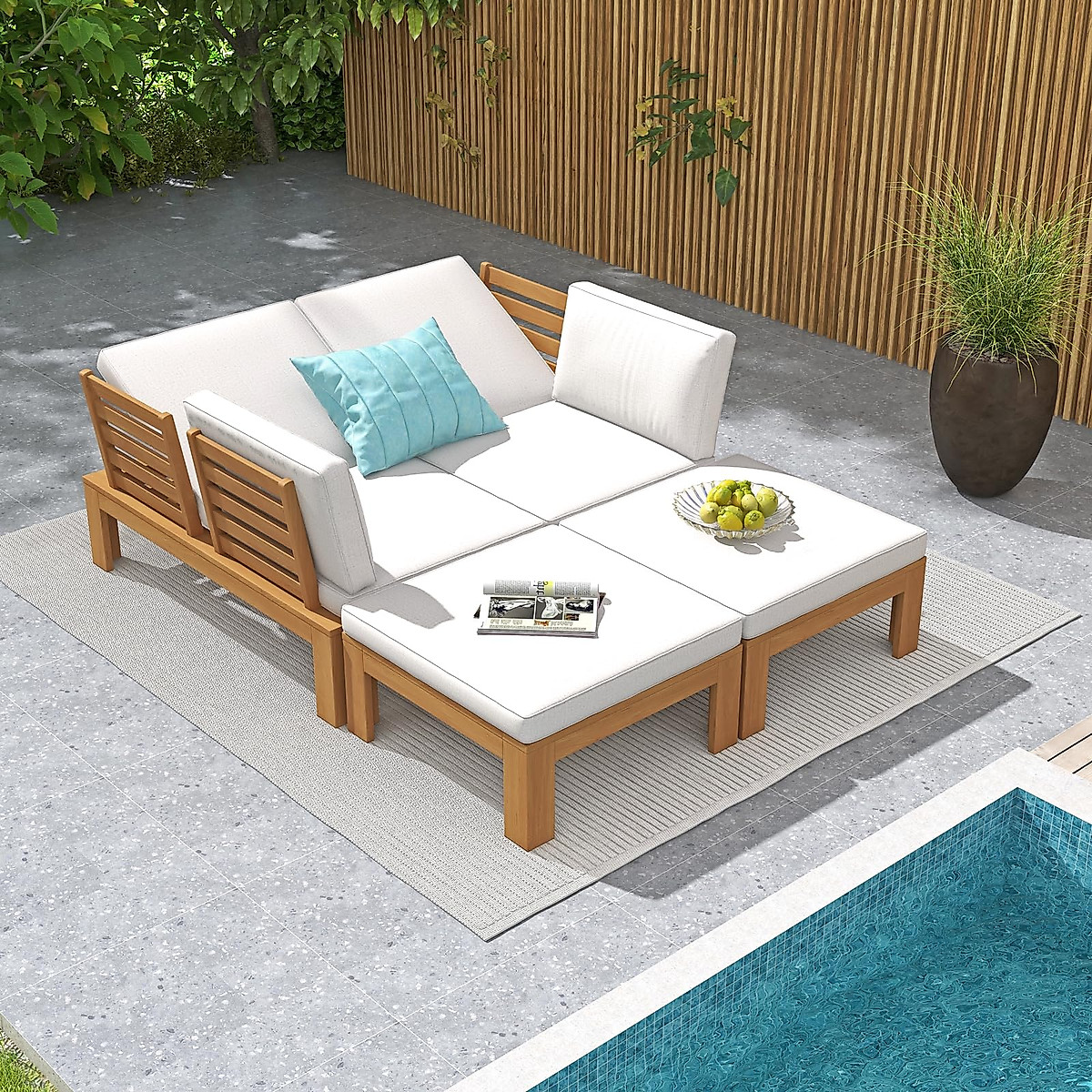 SUNSITT 4 Piece Acacia Wood Patio Furniture Outdoor Sectional Sofa Set with Adjustable Armrest, FSC Certified L-Shaped Patio Set w/2-in-1 Coffee Table, Cream White Cushions for Garden