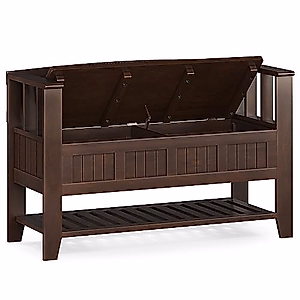 SIMPLIHOME Acadian Solid Wood 48 Inch Wide Transitional Entryway Storage Bench with Shelf in Brunette Brown, for The Living Room, Entryway and Family Room