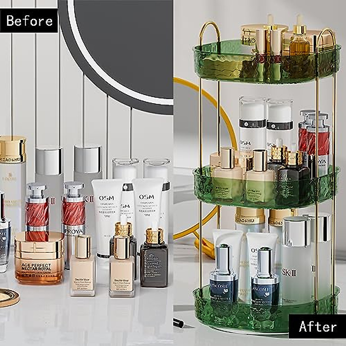 ZHIAI Rotating Makeup Organizer for Vanity, Perfume Organizer Large Bathroom Organizers and Storage, Skincare Organizers Lipstick Toiletry Spinning Holder Countertop 360 Spinning 3 Tier Green