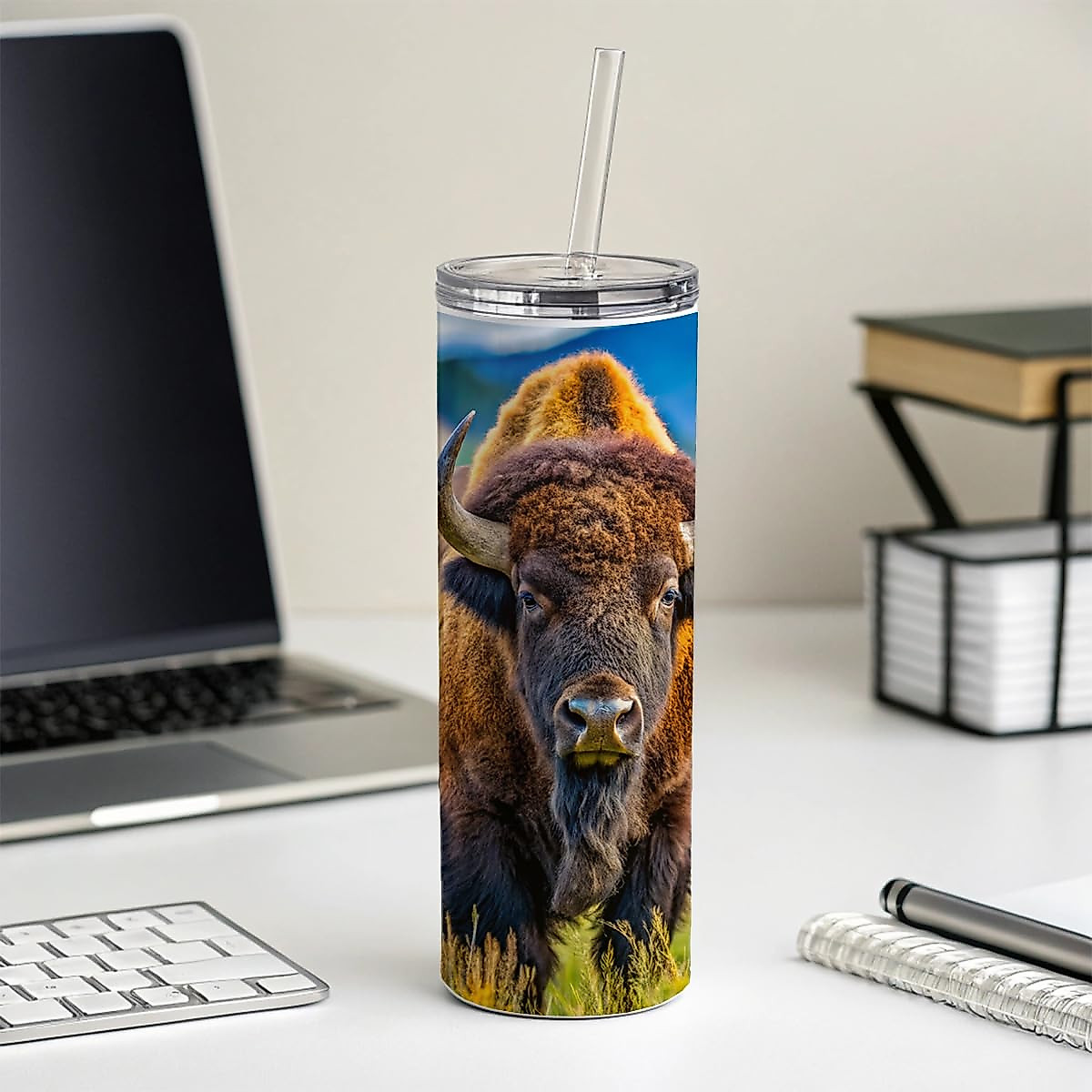 Bison Buffalo Skinny Tumbler 20oz with Straw Insulated Water Bottle Gift
