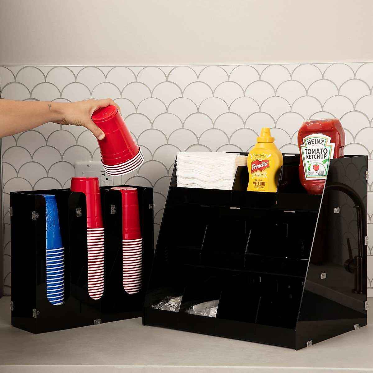 Condiment Organizer - Coffee Condiment Organizer, Caddy for K-Pods, Snack, Tea Bags, Disposable Cups, Coffee Bar Bin Box, Coffee Pods Holder, Farmhouse Decor