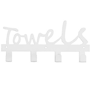 MyGift Wall Mounted White Metal Hand and Bath Towel Rack Holder with 4 Hooks and Towels Cut Out Design