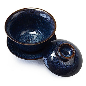 Liang baobao Porcelain Gaiwan 6oz Teacup Color Glazed Cups Tureen Chinese Sancai Cover Bowl Lip Saucer Set (Blue)