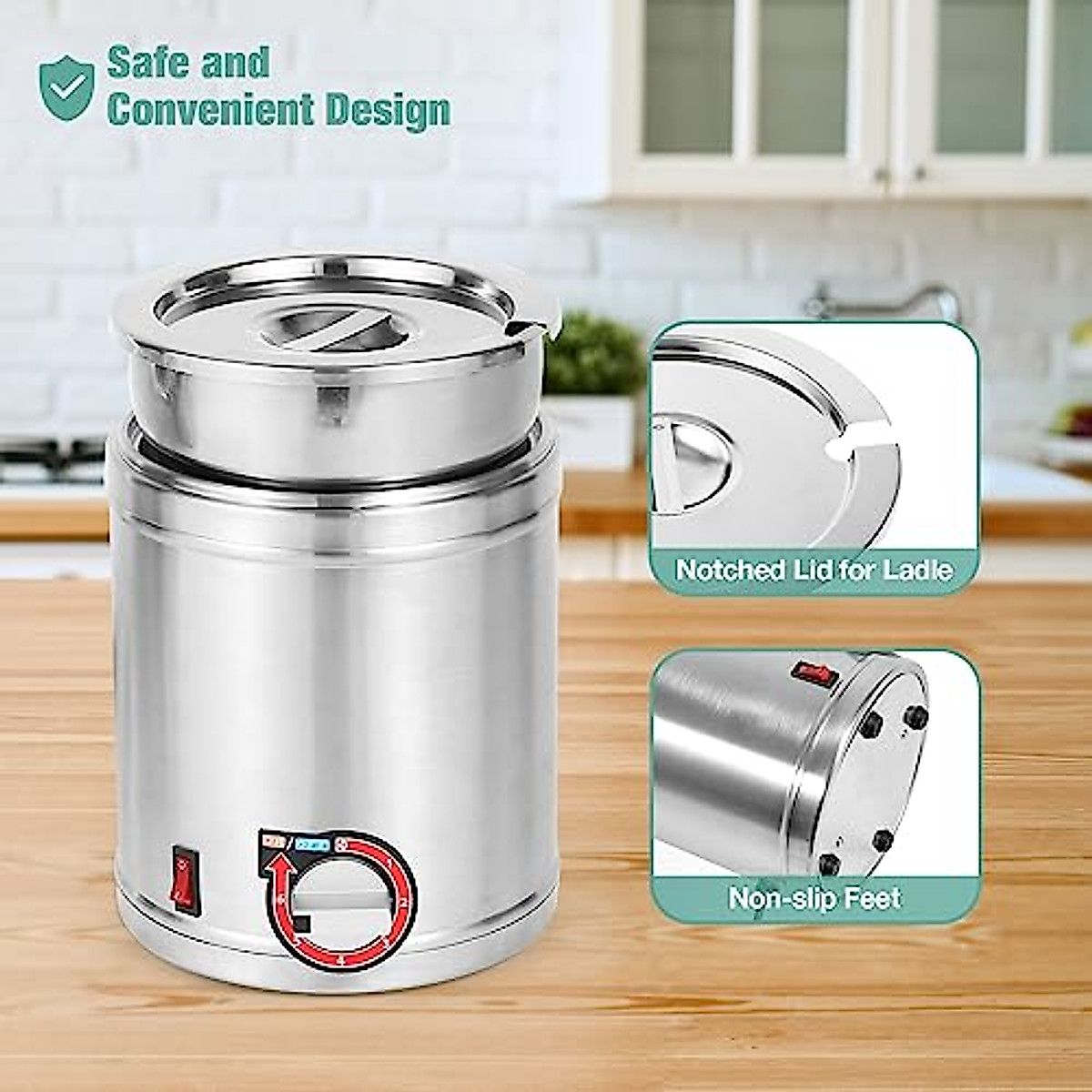 Restlrious Commercial Bain Marie Buffet Soup Warmer, Stainless Steel Round Food Warmer, 4 QT Electric Adjustable Temp Pot with Ladle Notch, Soup Station for Restaurant, Buffet, Parties, 110V/1000W