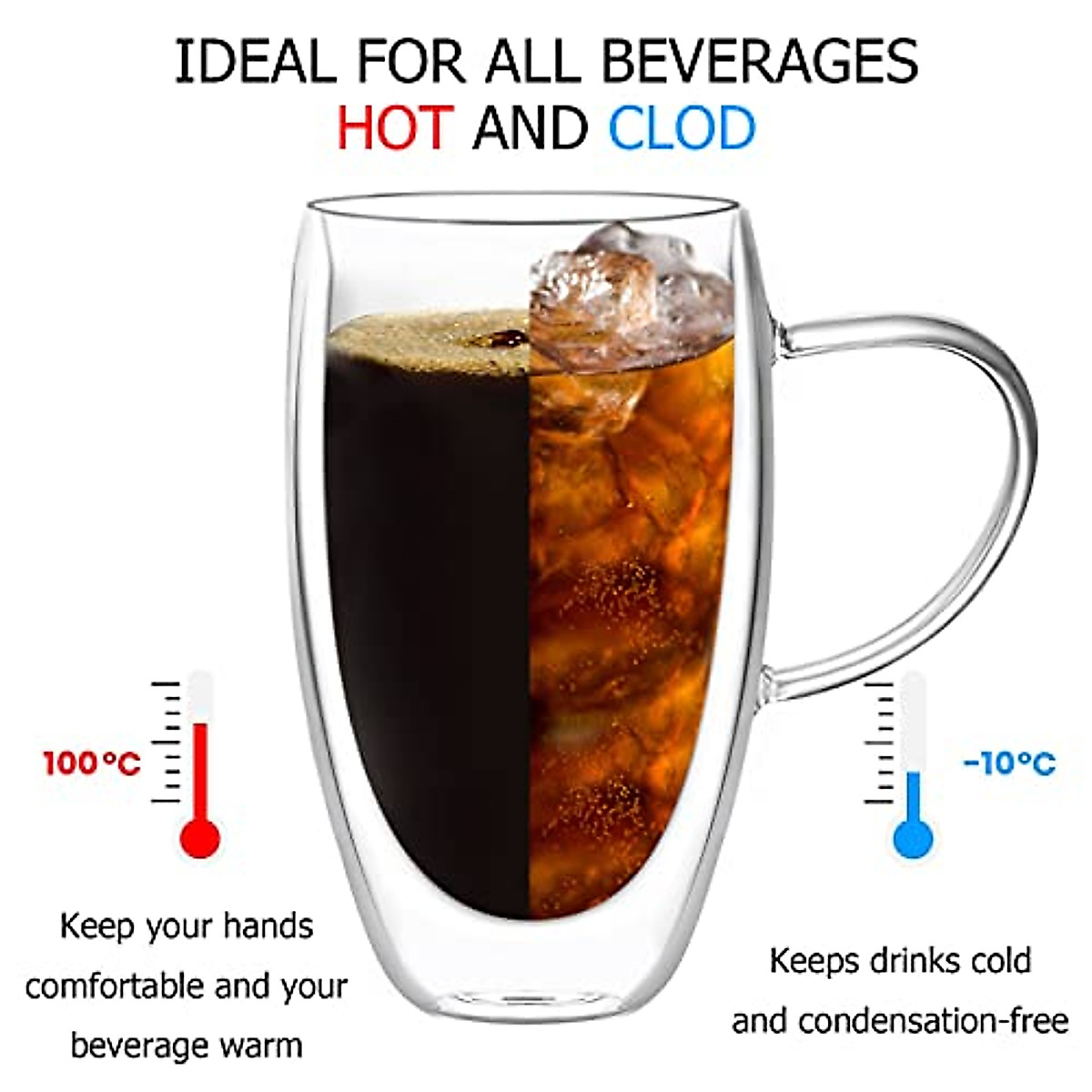 E-Greetshopping 16 oz Double Wall Glass Coffee Mugs,Insulated Layer Coffee Cups with Handles,Cappuccino Latte Macchiato Glasses Cups, Heat Resistant for Hot Drinks Tea Milk Juice Ice Cream(Set of 2)