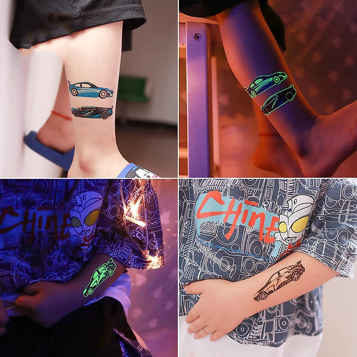 6 Sheets Car Temporary Tattoos for Kids Boys Glow Race Car Body Stickers Waterproof Tattoo Stickers Luminous Vehicle Cute Tattoo Sticker Gifts Birthday Party Supplies Favors Bag Filler Decorations