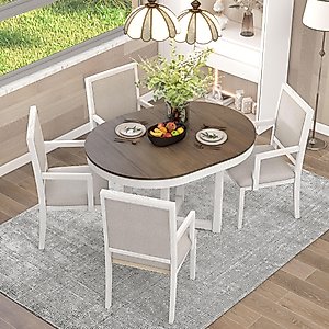 BIADNBZ 5-Piece Round Dining Table Set for 4, Two-Size to Oval Extendable Butterfly Leaf Wood Tabletop and Four Upholstered Chairs with Armrests, for Kitchen Living Room, Brown+White