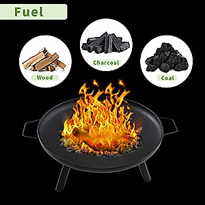 Koreyosh Fire Pit, 21'' Outdoor Patio Steel Fire Pit Wood Burning BBQ Grill Firepit Bowl with Round Mesh Spark Screen Cover Fire Poker for Backyard Garden Camping Picnic Beach Park (Round w/ Grill)