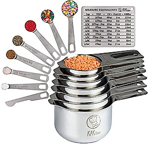 Stainless Steel Measuring Cups and Spoons Set of 16-7 Cup & 7 Spoon + Conversion Chart & Leveler - Kitchen Measuring Spoons and Cups - Dry Measure Cups Stainless Steel & Baking Metal Measuring Cups