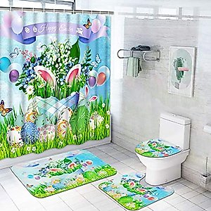 Ikfashoni 4 Pcs Easter Shower Curtain Set with Non-Slip Rugs, Toilet Lid Cover and Bath Mat, Spring Floral Shower Curtains with 12 Hooks, Rabbit Bunny Egg Shower Curtains for Bathroom