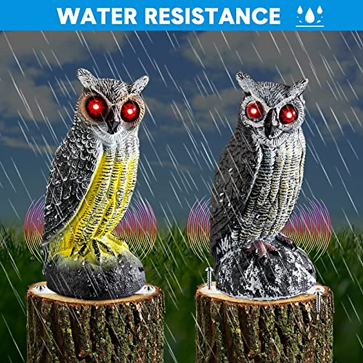 Fake Owl Decoy to Scare Birds Away Solar Scarecrow Decoy Motion Activated Bird Deterrent Bird Repellent with Red Flashing Eyes Frightening Sound Plastic Scarecrow for Yard (Gray, Yellow, 2 Pcs)