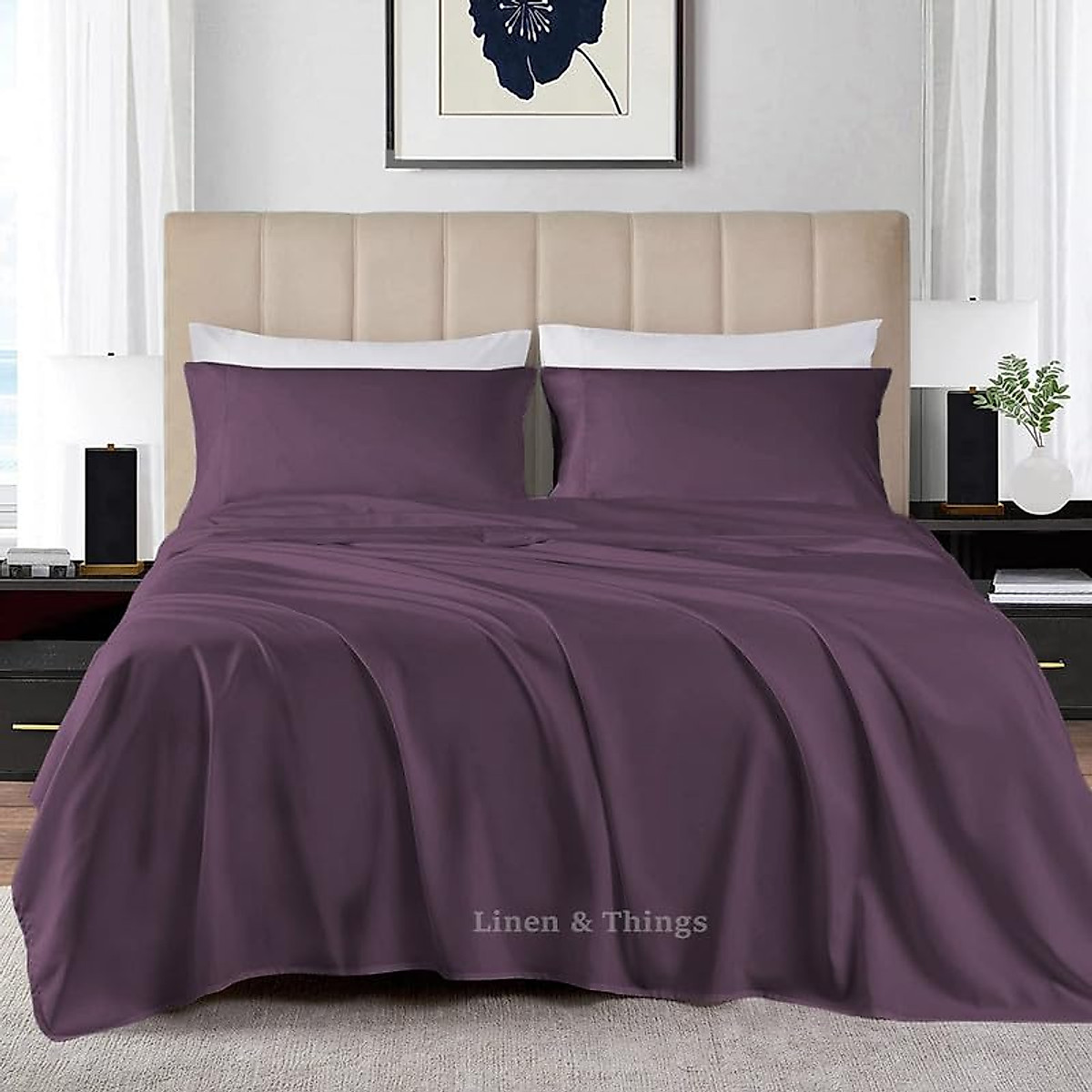 Luxury Soft 4 Piece Sheet Set, 800 Thread Count Egyptian Cotton - Queen Size Bed Sheet Set, Super Soft Sateen Weave, Fit Mattress 15'' Deep Pocket - Plum Solid