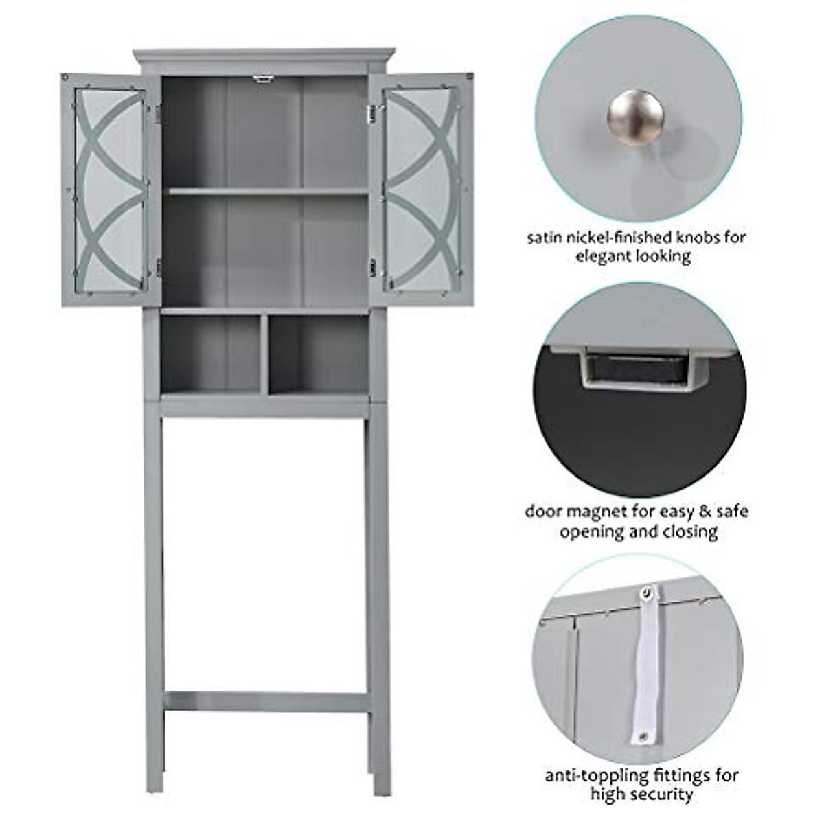 glitzhome 68.25 Inch Wooden Free Standing Storage Cabinet with Double Glass Doors Bathroom Cabinet Spacesaver Grey