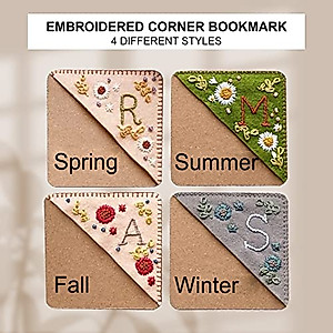 4 Pcs Embroidered Bookmark, Felt Triangle Page Stitched Corner Handmade Bookmark, Cute Flower Letter Embroidery Bookmarks, for Book Reading Lovers Meaningful Gift