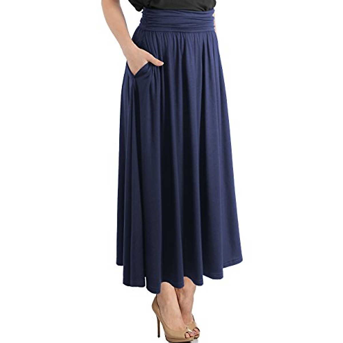 TRENDY UNITED Women's High Waist Fold Over Pocket Shirring Skirt ,Navy-ankle,X-Large