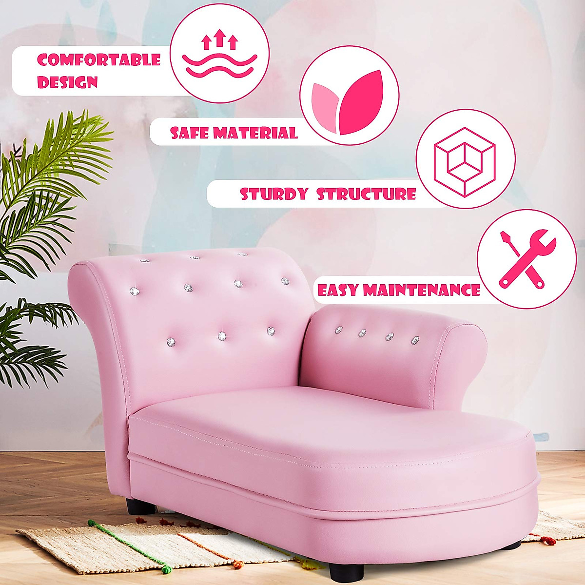 INFANS Kids Sofa, Toddler Couch with PVC Leather & Embedded Crystal, Pink Princess Chaise Lounge Armchair, Toddler Furniture Kids Upholstered Long Lounger for Toddler Baby Girl, Living Room