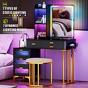 Makeup Vanity Desk with Lights: Vanity Table with Mirror - Dressing Table with Wireless Charging Station & RGB Lights Mobile Vanity with Drawer Glass-Top Design Girls Black Vanity for Bedroom