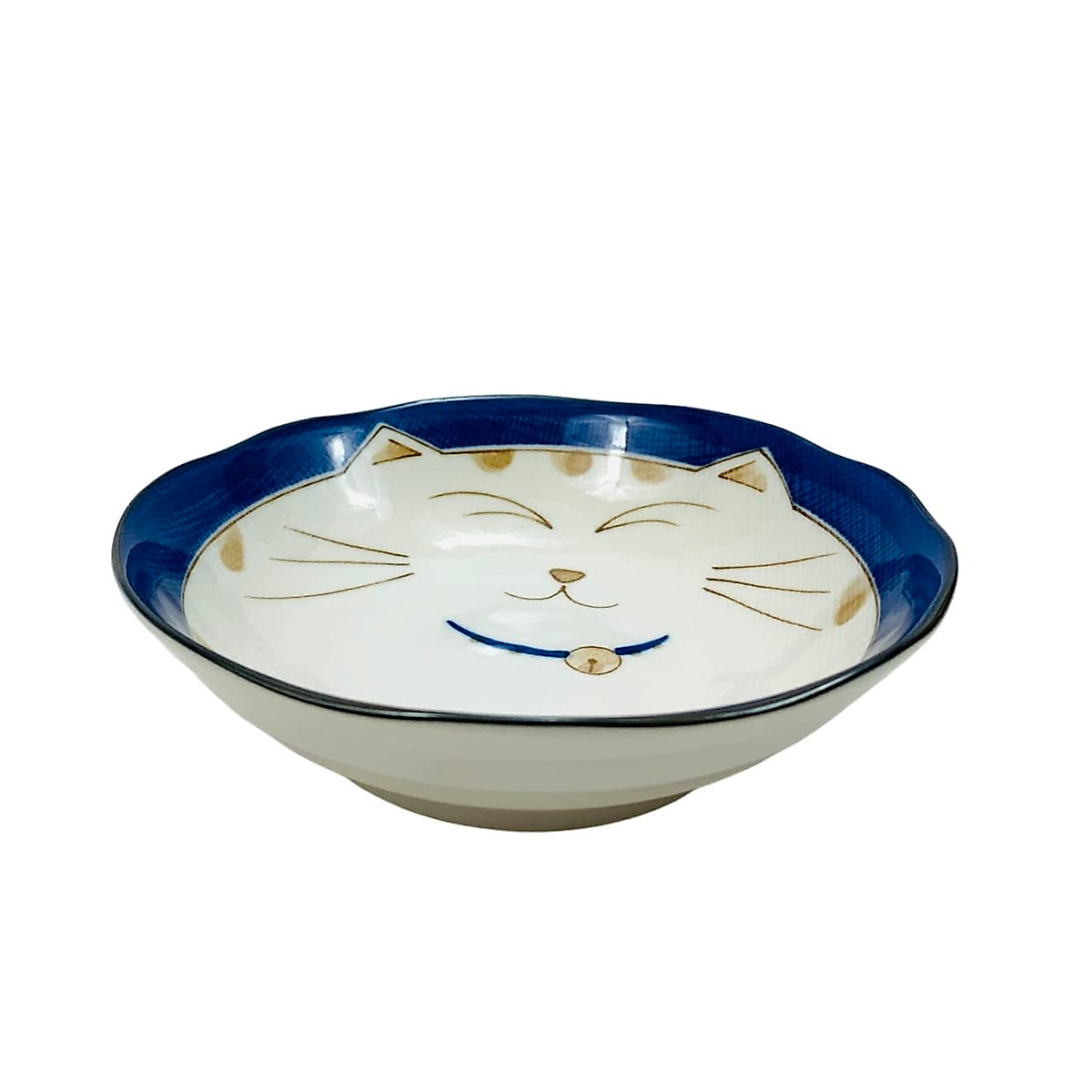 JapanBargain, Japanese Porcelain Shallow Soup Bowl for Dinner Lunch Rice Poke Donburi Udon Ramen Noodle Pasta Cereal Maneki Neko Lucky Cat Pattern for Cat Lovers Made in Japan, Blue (4, 6.75-inch)