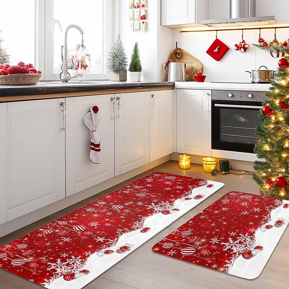 LUSWEET Xmas Kitchen Mat 2 Piece Christmas Kitchen Rugs Non Slip Winter Snowflake Mats Soft Glitter Sparkle Kitchen Runner Rug Water Absorbent Red Floor Mat for Kitchen,Sink,Laundry 16"x24"+16"x47"