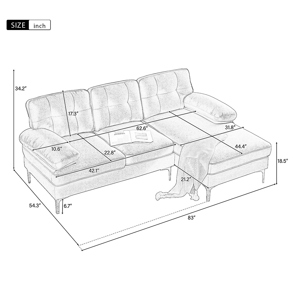 P PURLOVE Sectional Sofa, Velvet L-Shape Sofa with Chaise Lounge, Modern L-Shape Couch for Living Room, Small Spaces (Light Grey)