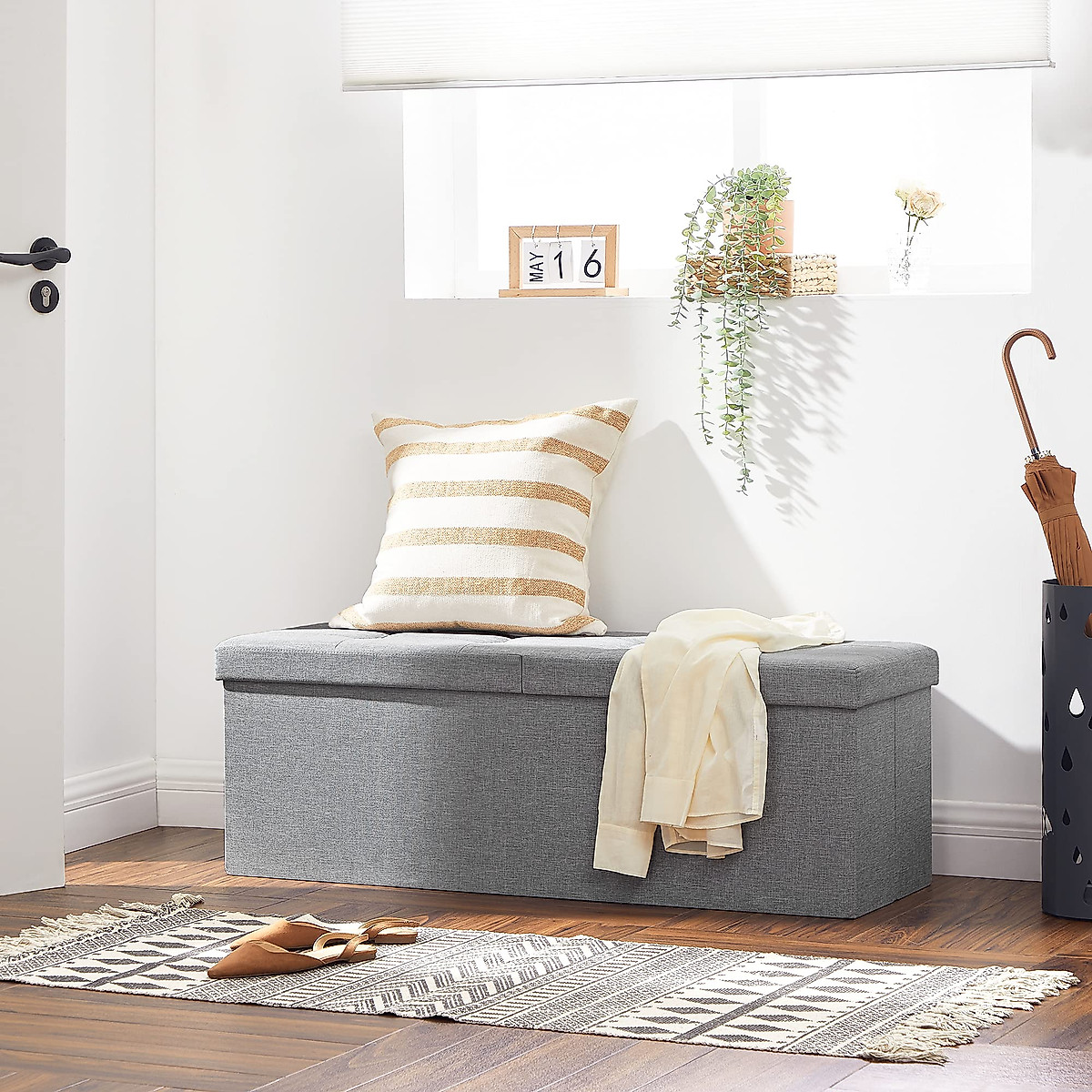 SONGMICS Storage Ottoman, Foldable Storage Bench, 15 x 43 x 15 Inches, Flipping Lid, 660 lb Load Capacity, for Entryway, Living Room, Bedroom, Ash Gray ULSF71G