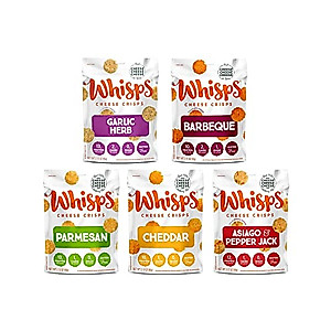 Whisps Cheese Crisps - Parmesan, Asiago, Tomato Basil, BBQ, & Cheddar Cheese Snacks, Keto Snacks, 21-29g of Protein Per Bag, Low Carb, Gluten & Sugar Free, Great Tasting Healthy Snack, All Natural Cheese Crisps - Variety, 2.12 Oz (Pack of 5)