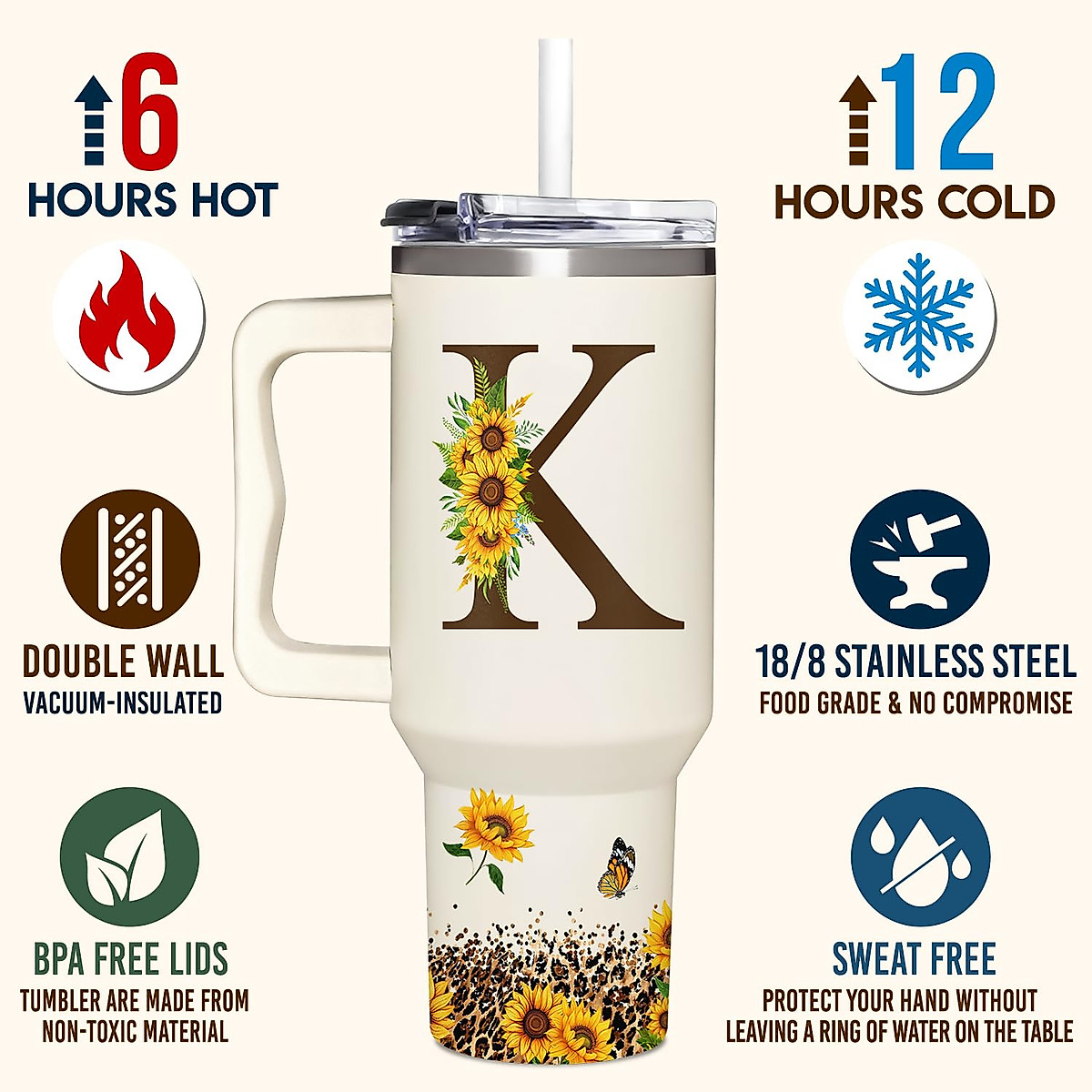 Personalized Birthday Gifts For Women - Sunflowers Monogrammed Cup For Boss Day, Christmas - Customized Gifts For Women, Mom, Wife, Coworkers, Boss Lady, Her - Custom Tumbler With Handle 40oz