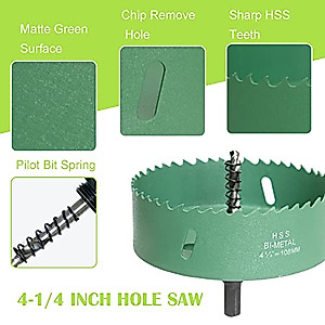 4-1/4 Inch Hole Saw, HSS Bi-Metal Hole Saw Kit, Cutting Dia 108mm Hole Saw Set, 36mm Cut Depth, 3 Drills Replacements Hole Saw Kit for Wood, Plasterboard, PVC, Drywall, MDF