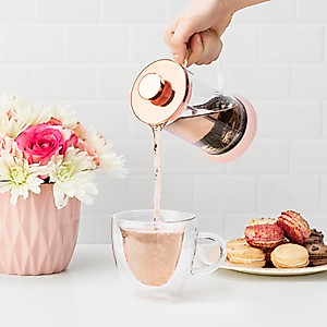 Pinky Up Riley Mini Glass Tea Press Pot, Coffee Maker, French Press for Loose Leaf Tea and Coffee, Hot or Iced Beverage Brewer, 12 oz, Pink