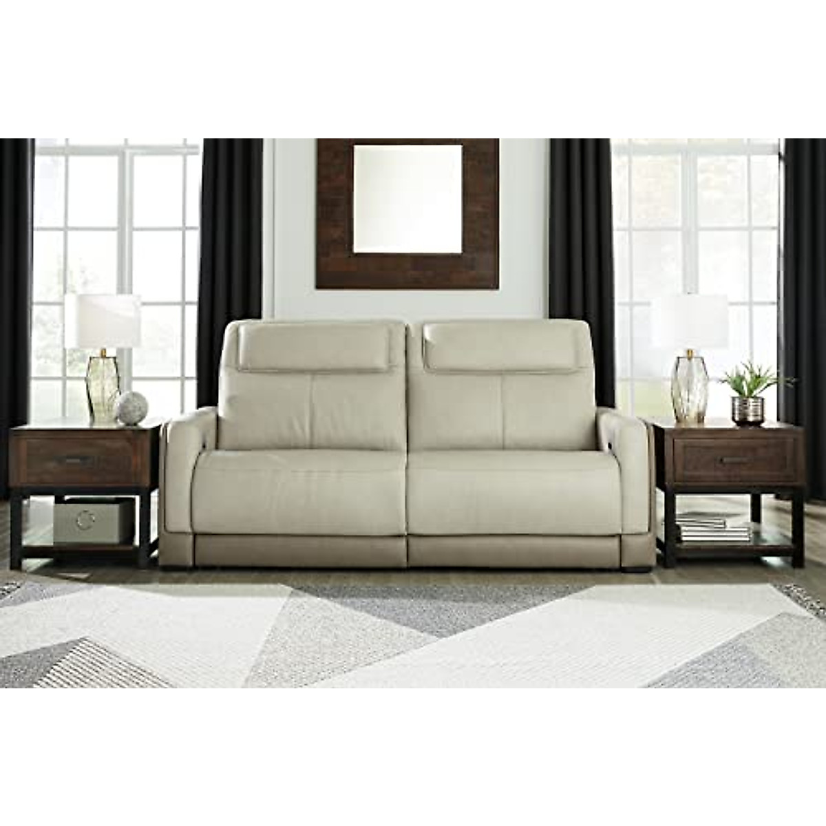 Signature Design by Ashley Battleville Contemporary Leather 2 Seat Power Reclining Sofa with Adjustable Headrest, Light Gray