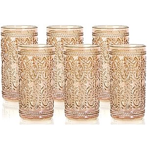 6 Pack Highball Beverage Glass Cup, 12oz Amber Glassware Drinking, Vintage Embossed Drinking Glasses, Old Fashioned Glass for Party Wedding Home Office and Gift