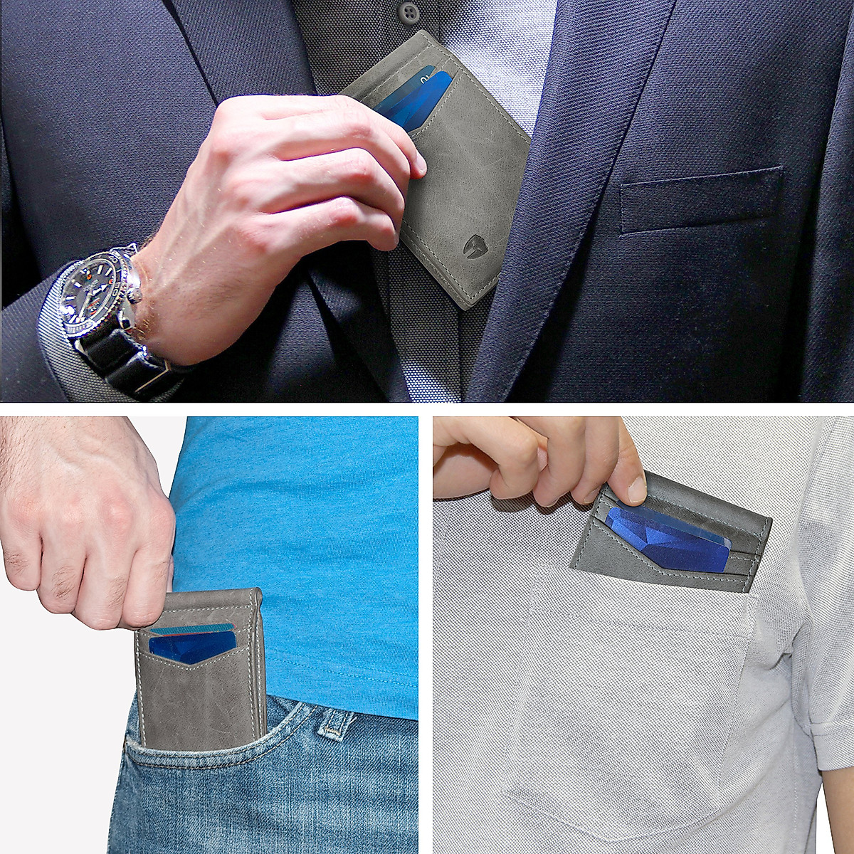 Bryker Hyde RFID Blocking Slim Minimalist ID Outside Front Pocket Wallet, Money Clip, 9 Slots, Leather (Slate Gray)