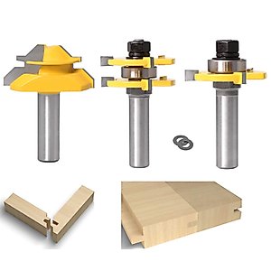 Lock Miter 45 Degree Joint Router Bits + 2Pcs Tongue and Groove Set [1/2-Inch Shank], APLUS 45° Lock Mitre Glue Joint Router Bit + Router Bit Set 3 Teeth T Shape, Wood Milling Cutter Woodworking Tool