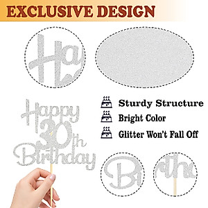 Sotpot Happy 30th Birthday Cake Topper Silver Glitter 30th Cake Toppers 30 Birthday Cake Decorations Cheers to 30 Fabulous Party Cake Picks - 1 Pack