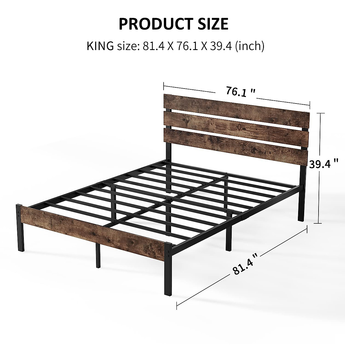 TXIYEAN King Size Bed Frame with Wooden Headboard/Heavy Duty Metal Slats Support/No Box Spring Needed/Noise Free/Easy Assembly/Twin XL/Queen/King, King