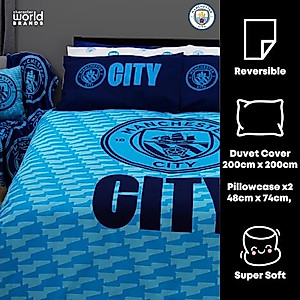Character World Official Manchester City FC Double Duvet Cover Set, Crestcol Design | Blue Reversible 2 Sided Football Bedding Cover Official Merchandise Including Matching Pillow Cases
