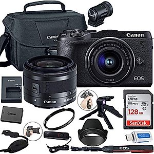 Canon EOS M6 Mark II Mirrorless Digital Camera (Black) with 15-45mm Lens and EVF-DC2 Viewfinder + Canon Shoulder Bag + 128GB Sandisk Memory Card + Grip Steady Tripod + Lens Tulip Hood & More.