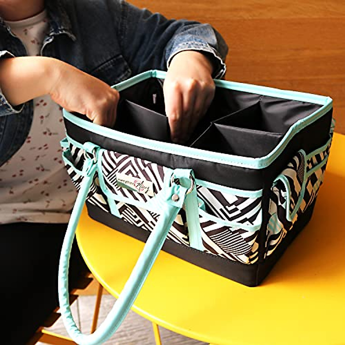 Everything Mary Teal Geometric Deluxe Store and Tote - Storage Organizer Bag for Crafts, Sewing, Paper, Art, Desk, Canvas, Supplies Storage Organization - Travel Art Box with Handle
