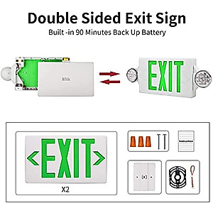 JW LIGHTING LED Exit Signs with Emergency Lights, Double Sided Adjustable LED Emergency Combo Light with Backup Battery, Hard Wired, Commercial Grade, 120-277V, Fire Resistant (UL 924) Green 6 Pack