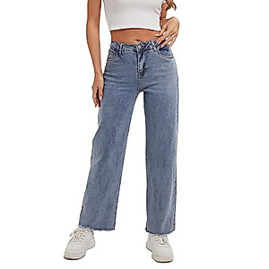 PEIHOT 90S Wide Leg Pants for Women Stretchy Mid Waisted Raw Hem Straight Leg Jeans Denim Pants 2023 Trendy Light Blue